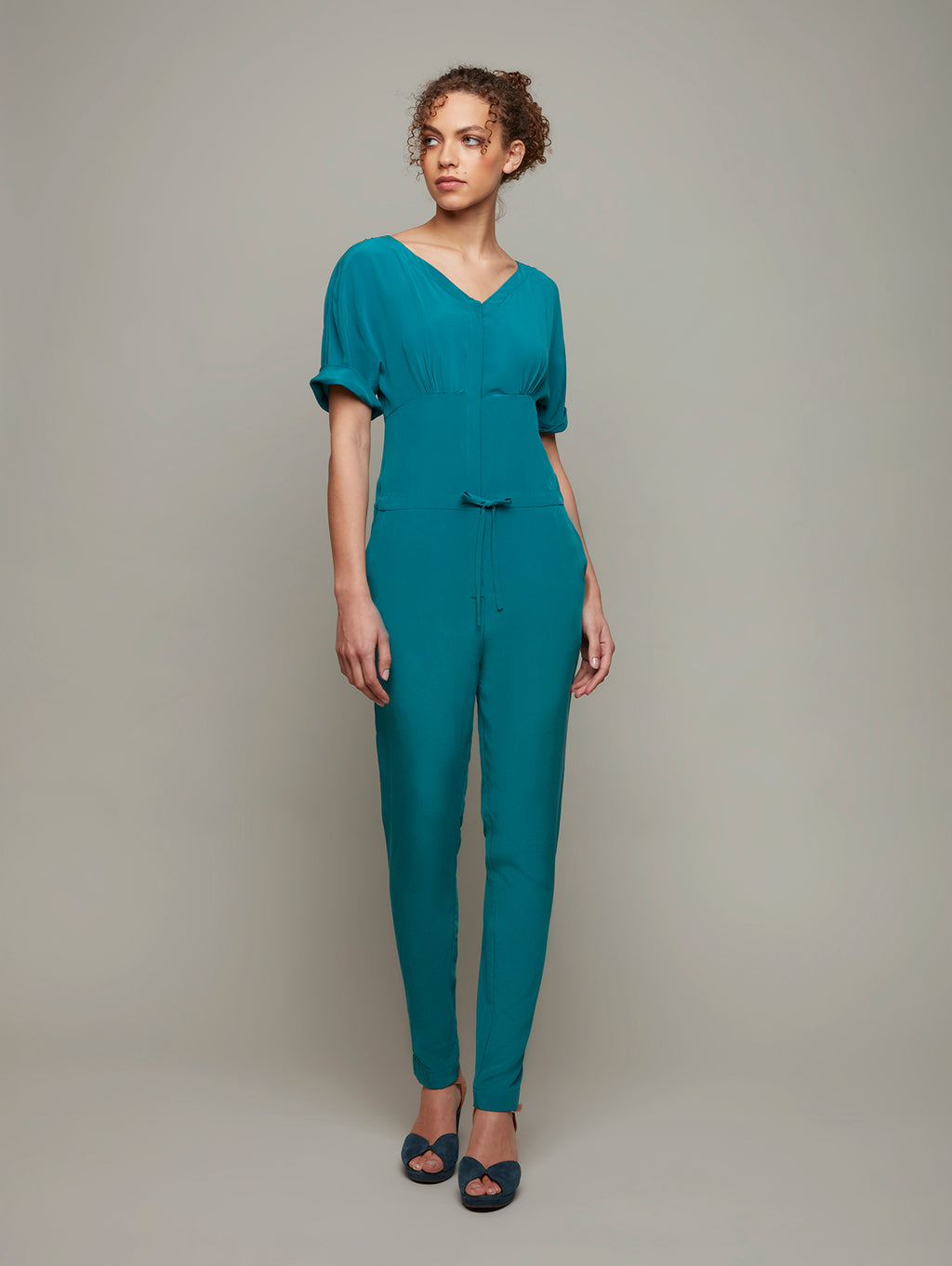 Draw-String Silk Jumpsuit in Atlantic Teal | Women's Jumpsuits | DEPLOY